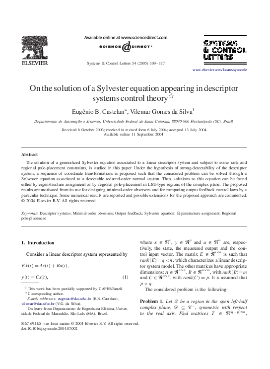 (PDF) On the solution of a Sylvester equation appearing in descriptor ...