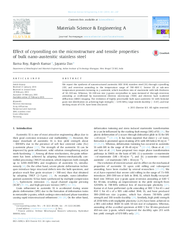 (PDF) Effect of cryorolling on the microstructure and tensile ...