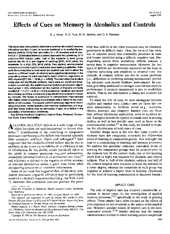 (PDF) Effects of Cues on Memory in Alcoholics and Controls