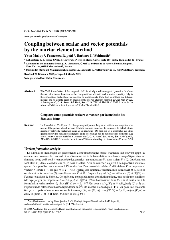 (PDF) Coupling between scalar and vector potentials by the mortar element method