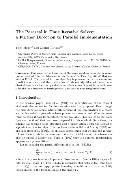 (PDF) The Parareal in Time Iterative Solver: a Further Direction to Parallel Implementation