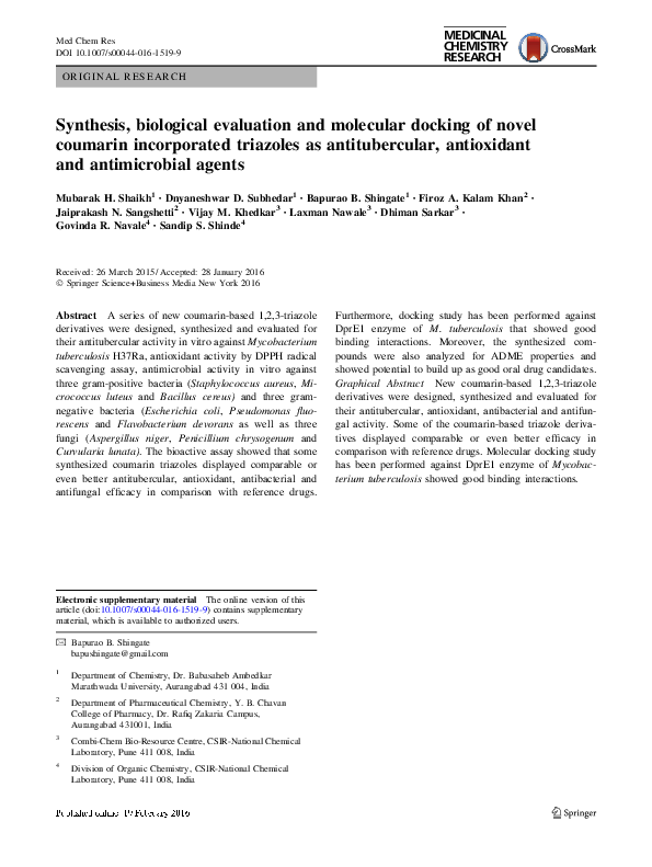 (PDF) Synthesis, biological evaluation and molecular docking of novel coumarin incorporated ...