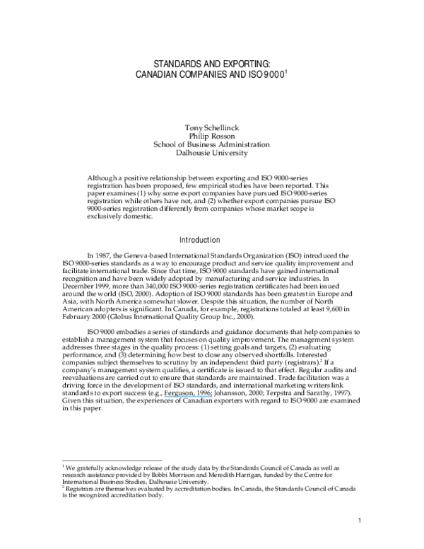 (PDF) STANDARDS AND EXPORTING: CANADIAN COMPANIES AND ISO 90001