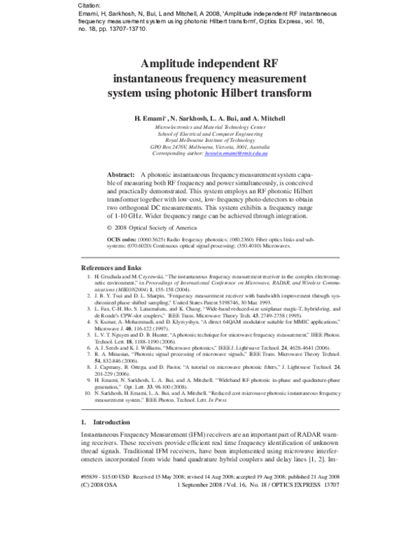 (PDF) Amplitude independent RF instantaneous frequency measurement ...