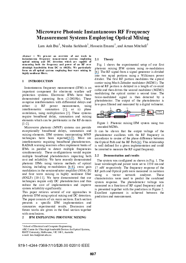 (PDF) Microwave photonic instantaneous RF frequency measurement systems employing optical mixing