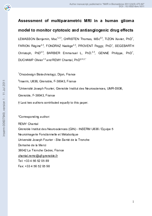 (PDF) Assessment of multiparametric MRI in a human glioma model to ...