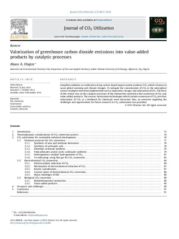 (PDF) Valorization of greenhouse carbon dioxide emissions into value ...