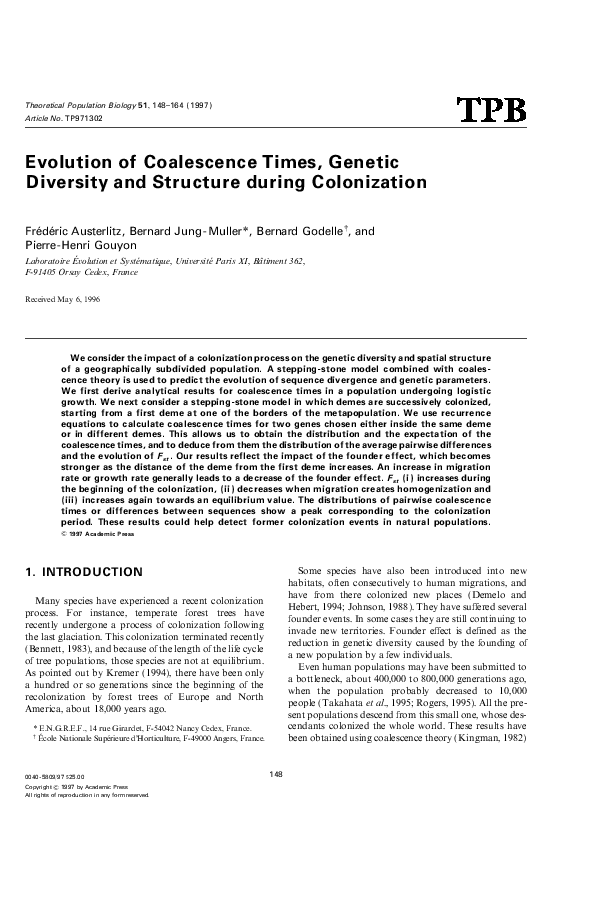(PDF) Evolution of Coalescence Times, Genetic Diversity and Structure ...
