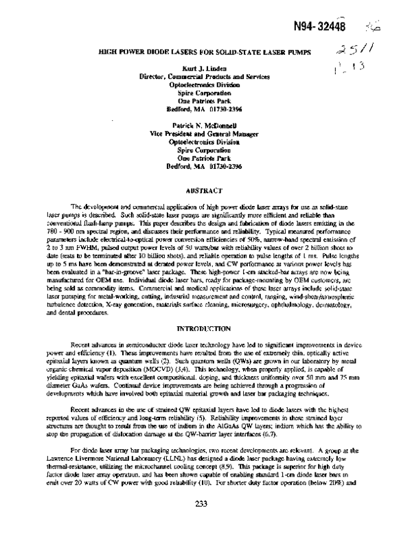 (PDF) High power diode lasers for solid-state laser pumps