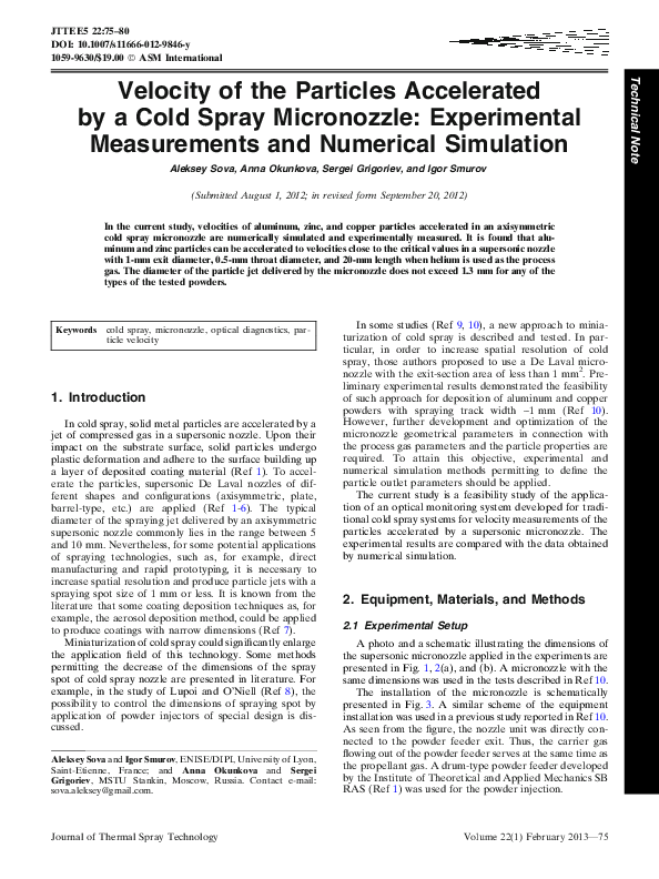 (PDF) Numerical and experimental analysis of copper particles velocity in low-pressure cold ...