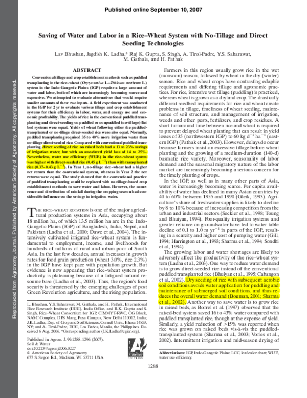 (PDF) Saving of Water and Labor in a Rice–Wheat System with No-Tillage and Direct Seeding ...