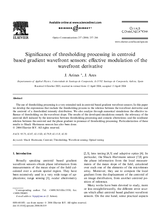 Pdf Significance Of Thresholding Processing In Centroid Based Gradient Wavefront Sensors