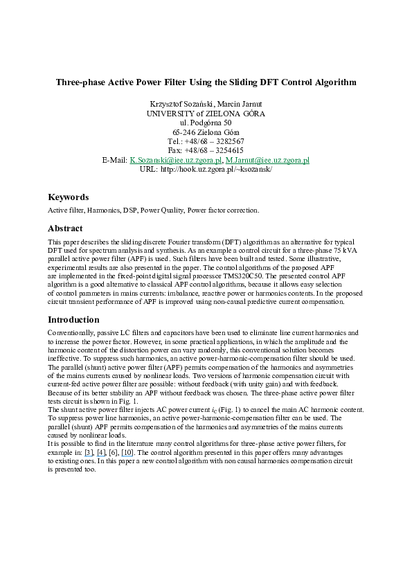 Pdf Three Phase Active Power Filter Using The Sliding Dft Control Algorithm