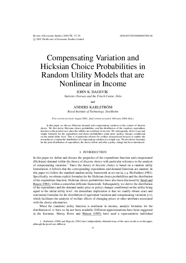 (PDF) Compensating Variation and Hicksian Choice Probabilities in Random Utility Models that are ...