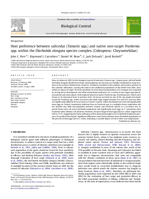 (PDF) Host preference between saltcedar ( Tamarix spp.) and native non ...