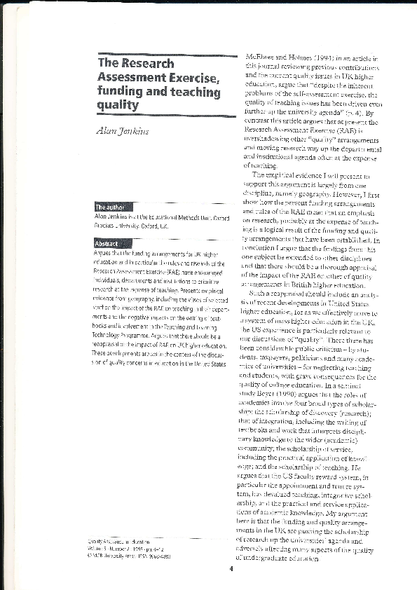 (PDF) The Research Assessment Exercise, funding and teaching quality
