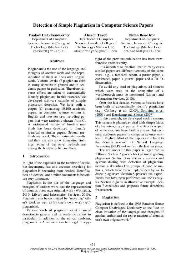 (PDF) Detection of Simple Plagiarism in Computer Science Papers
