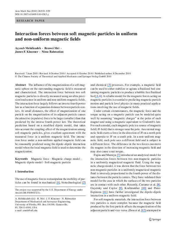 (PDF) Interaction forces between soft magnetic particles in uniform and non-uniform magnetic fields