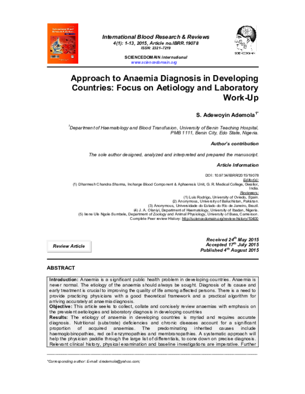 (PDF) Approach to Anaemia Diagnosis in Developing Countries: Focus on ...