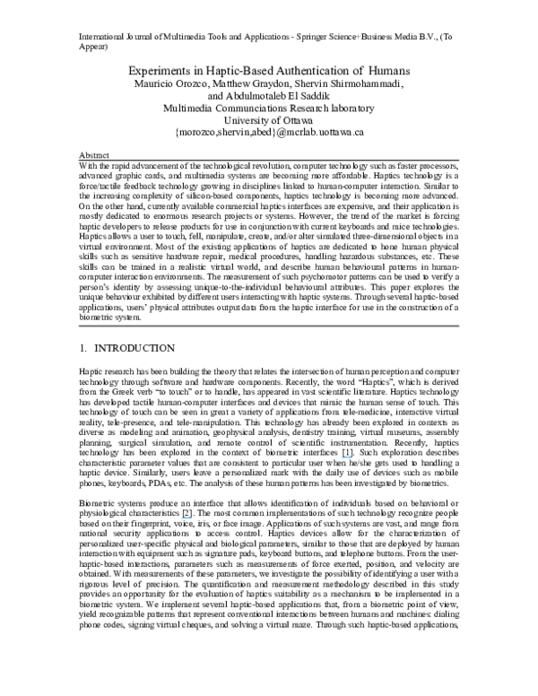 (PDF) Experiments in haptic-based authentication of humans | Mauricio Orozco - Academia.edu