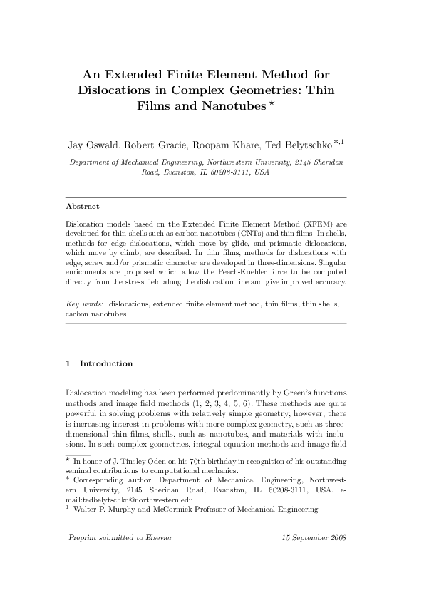 (PDF) An Extended Finite Element Method for Dislocations in Complex Geometries: Thin Films and ...