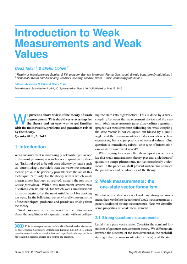 (PDF) Introduction to Weak Measurements and Weak Values