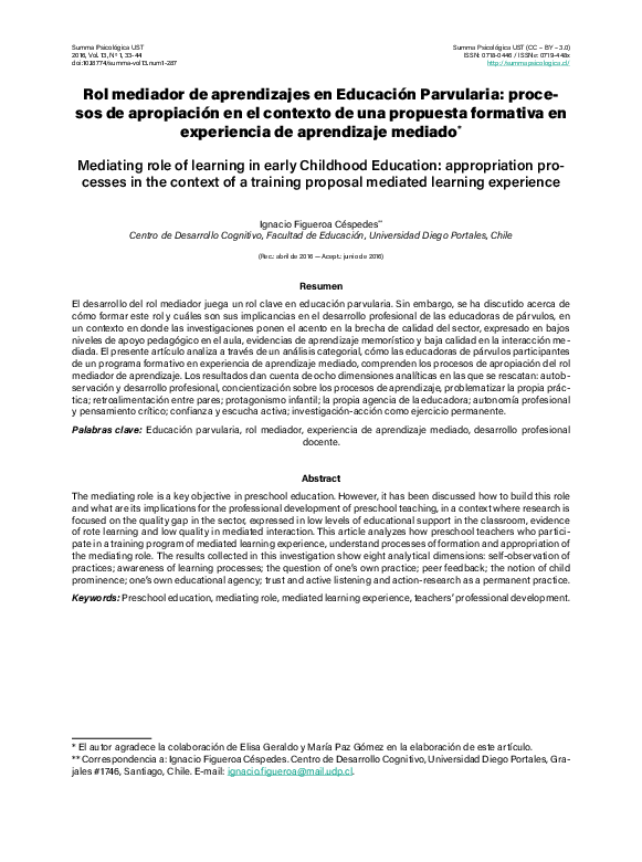 (PDF) Rol mediador de aprendizajes en Educación Parvularia: procesos de apropiación en el ...
