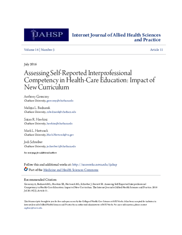 (PDF) Assessing Self-Reported Interprofessional Competency in Health ...
