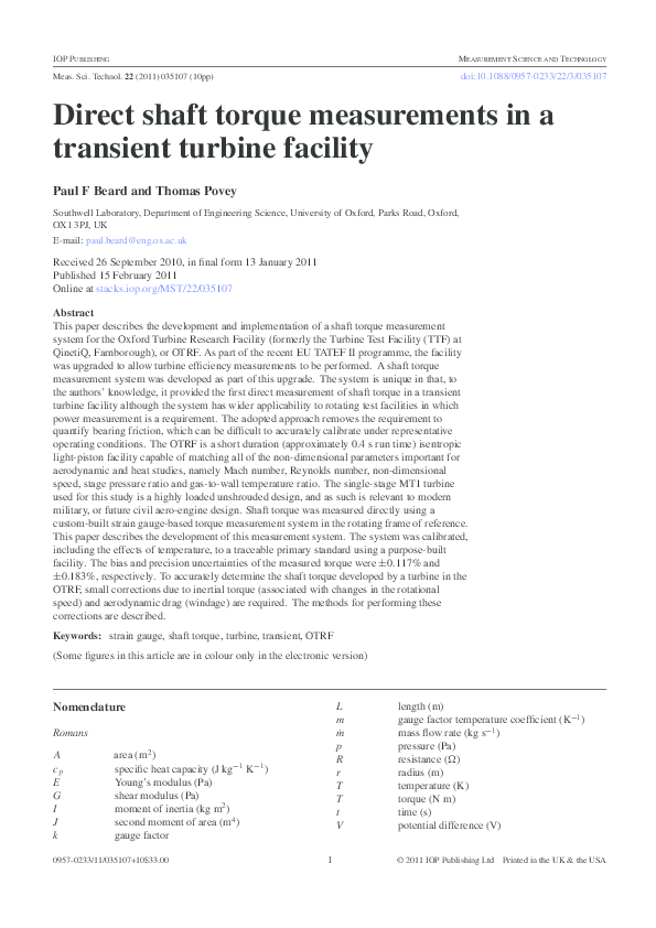 (PDF) Direct shaft torque measurements in a transient turbine facility