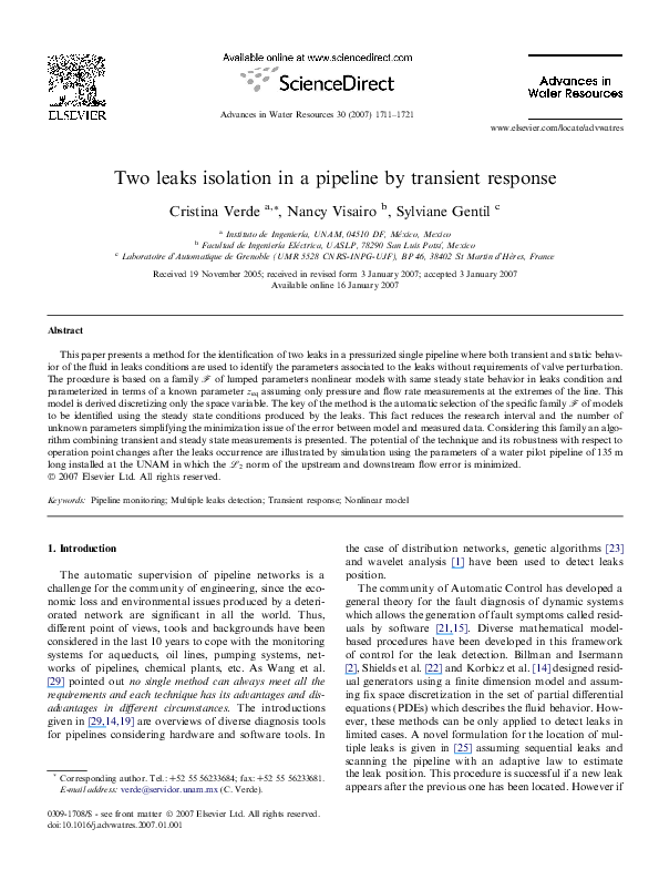 (PDF) Two leaks isolation in a pipeline by transient response