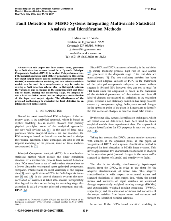 Pdf Fault Detection For Mimo Systems Integrating Multivariate Statistical Analysis And 
