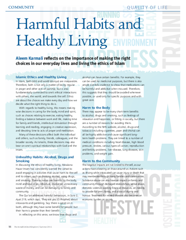(PDF) Harmful Habits and Healthy Living (The Ismaili UK, Summer 2015)