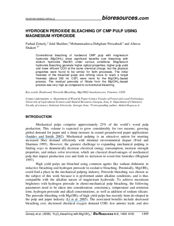 (PDF) Hydrogen Peroxide Bleaching of CMP Pulp Using Magnesium Hydroxide