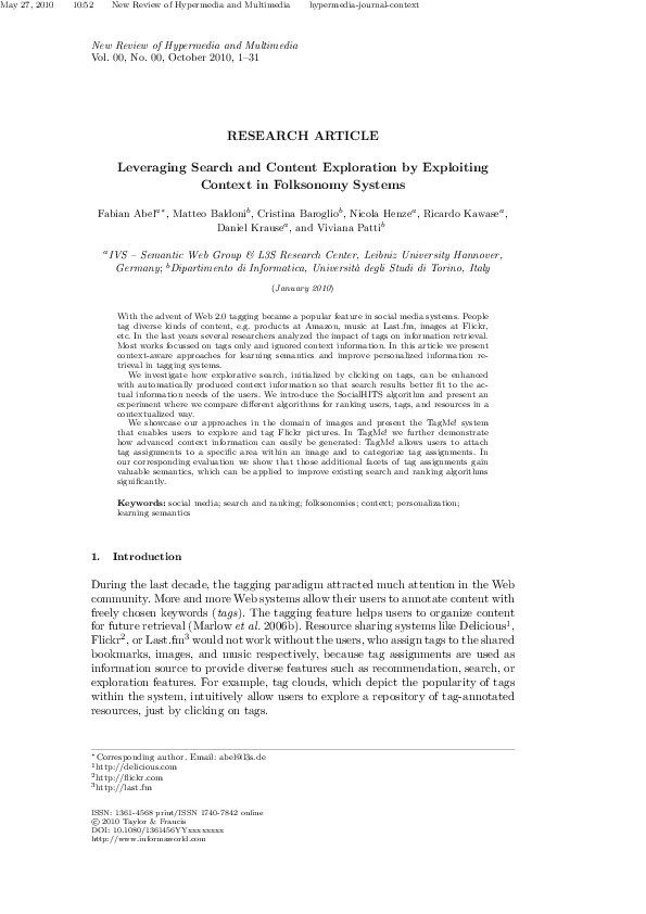 (PDF) Leveraging search and content exploration by exploiting context in folksonomy systems