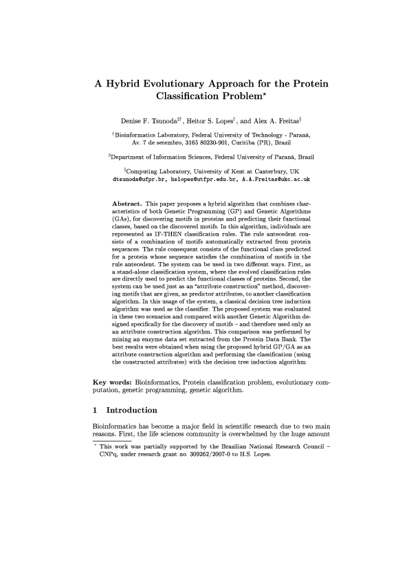 (PDF) A Hybrid Evolutionary Approach for the Protein Classification Problem