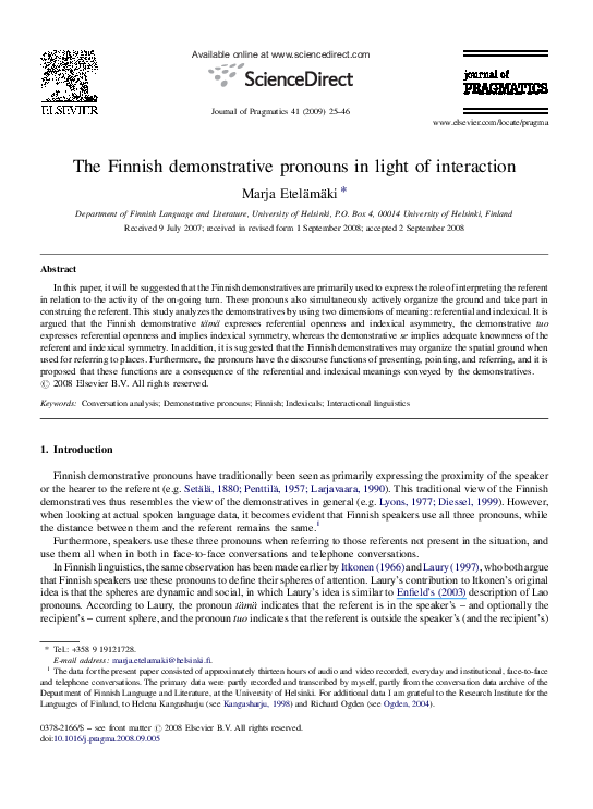 (PDF) The Finnish demonstrative pronouns in light of interaction ...