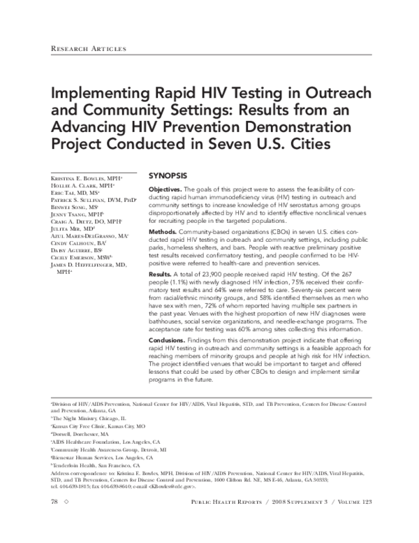 (PDF) Implementing rapid HIV testing in outreach and community settings ...