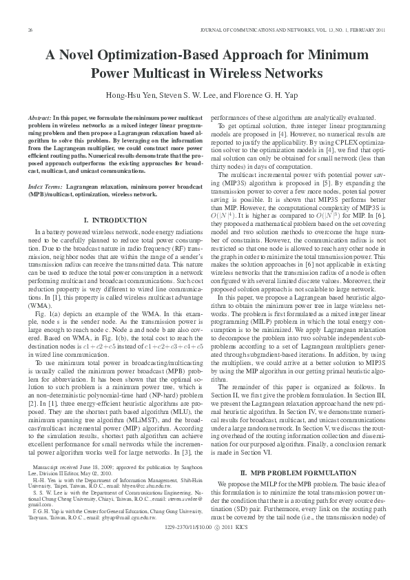 Pdf A Novel Optimization Based Approach For Minimum Power Multicast In Wireless Networks