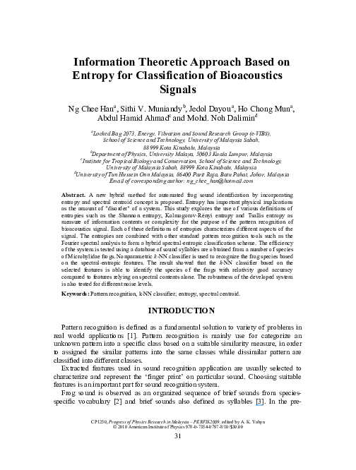 Pdf Information Theoretic Approach Based On Entropy For Classification Of Bioacoustics Signals
