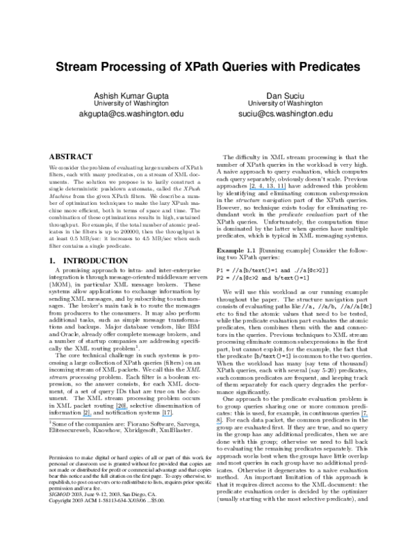 Pdf Stream Processing Of Xpath Queries With Predicates