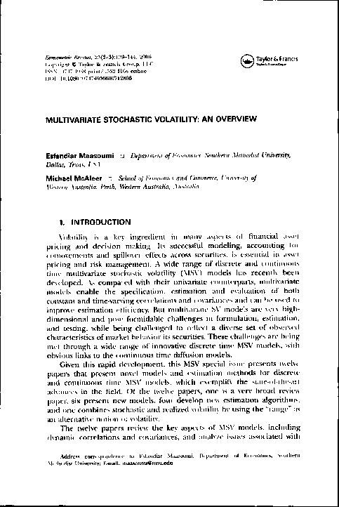 Pdf Multivariate Stochastic Volatility An Overview Michael Mcaleer