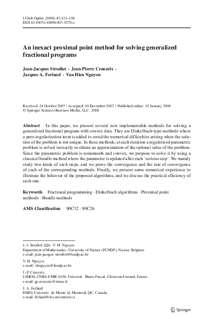 Pdf An Inexact Proximal Point Method For Solving Generalized Fractional Programs