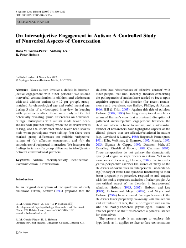 (PDF) On Intersubjective Engagement in Autism: A Controlled Study of ...