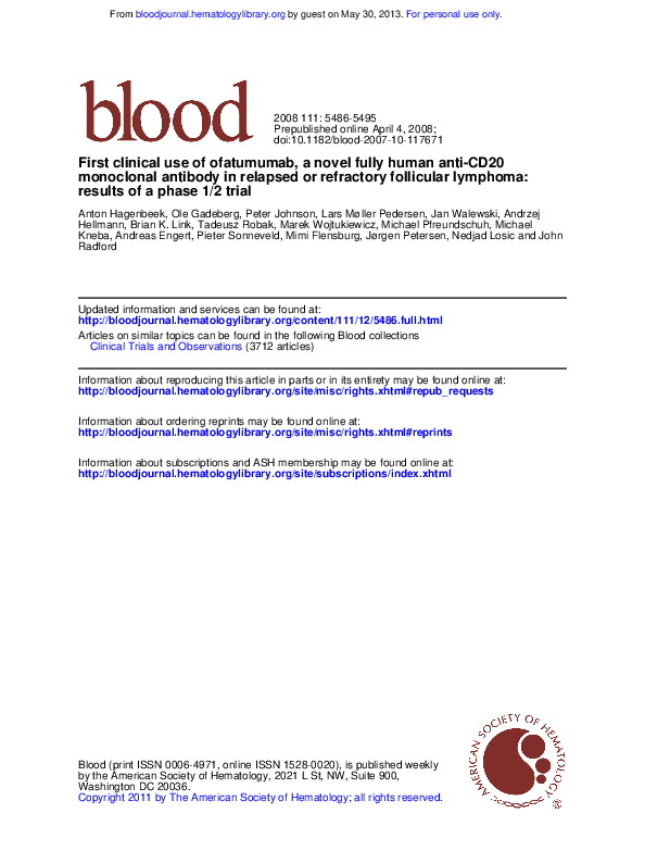 (PDF) First clinical use of ofatumumab, a novel fully human anti-CD20 monoclonal antibody in ...