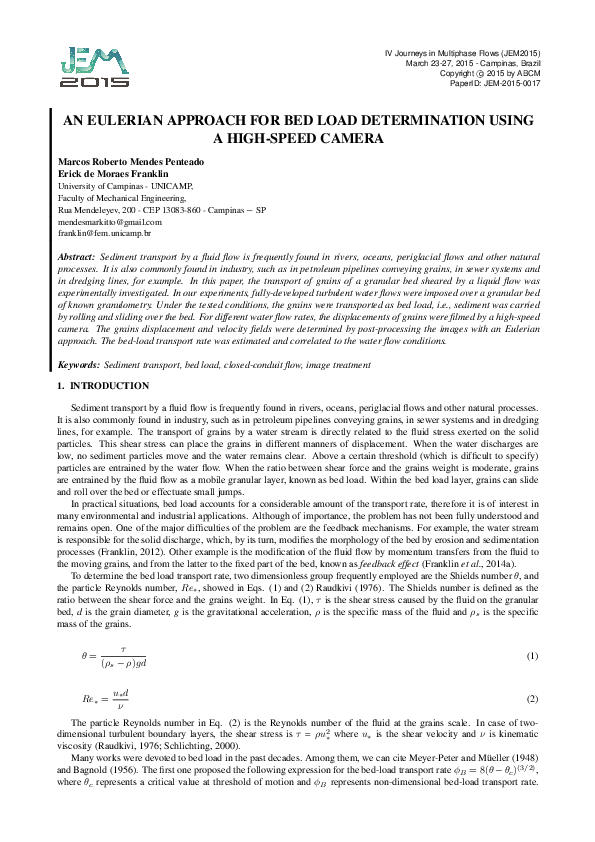 (PDF) AN EULERIAN APPROACH FOR BED LOAD DETERMINATION USING A HIGH ...