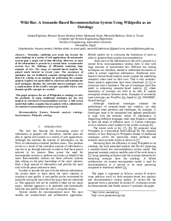 (PDF) Wiki-rec: A semantic-based recommendation system using Wikipedia ... (PDF) Wiki-rec: A semantic-based recommendation system using Wikipedia ...