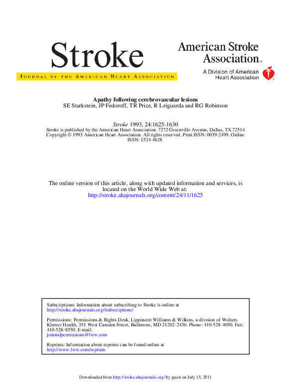 (PDF) Apathy following cerebrovascular lesions