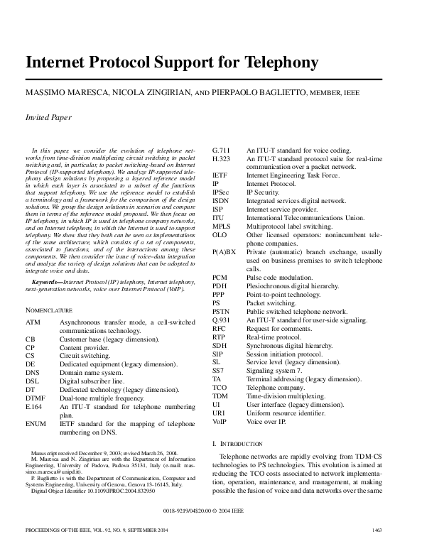 (PDF) Internet protocol support for telephony