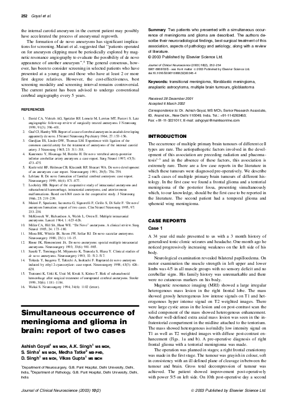 (PDF) Rare case of Coexisting Meningioma and Glioma in Same Patient: A Case Report | sciepub.com ...