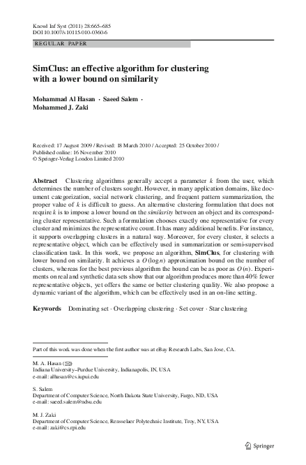 Pdf Simclus An Effective Algorithm For Clustering With A Lower Bound